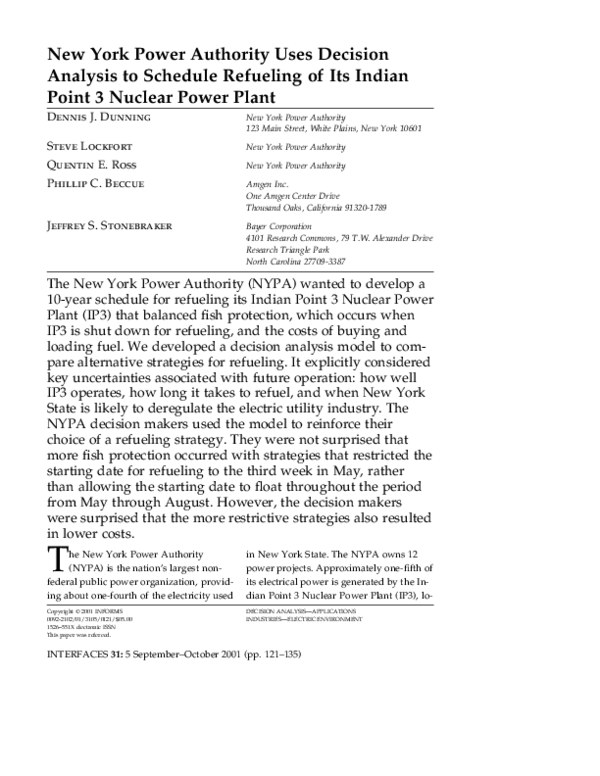 (PDF) New York Power Authority Uses Decision Analysis to Schedule ...