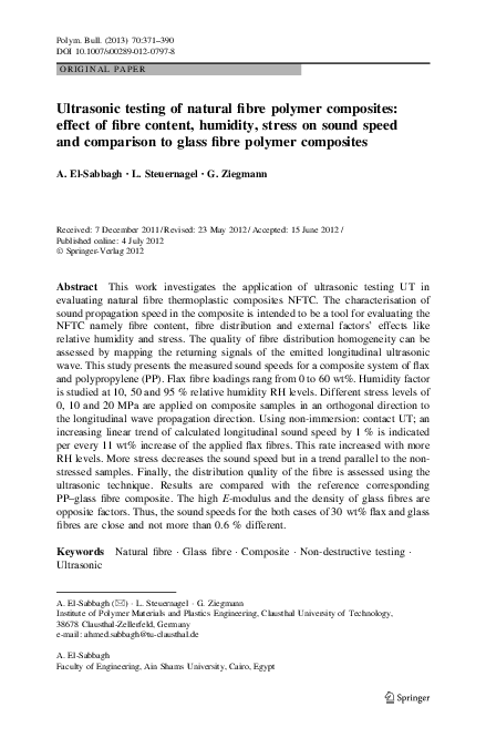 (PDF) Ultrasonic testing of natural fibre polymer composites: effect of ...