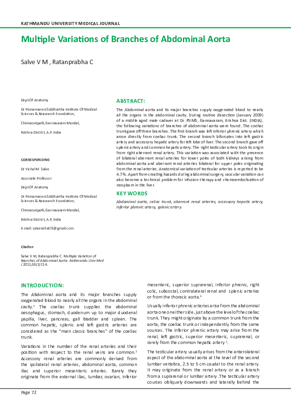 Pdf Multiple Variations Of Branches Of Abdominal Aorta