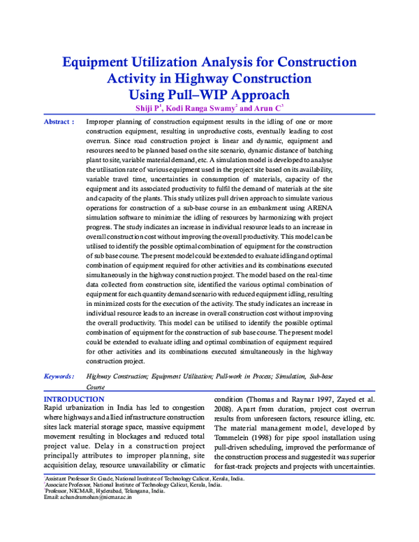 (PDF) Equipment Utilization Analysis for Construction Activity in Highway Construction Using ...