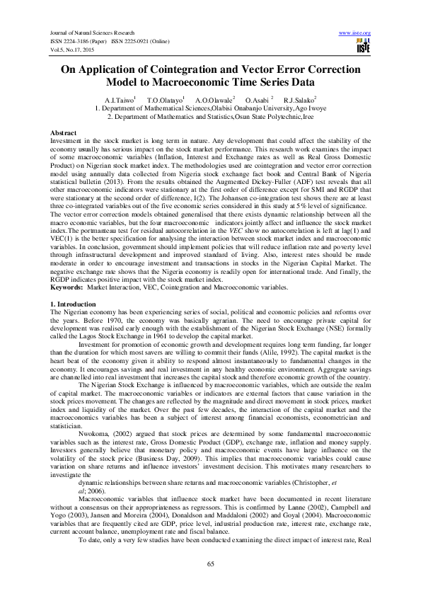 Pdf On Application Of Cointegration And Vector Error Correction Model