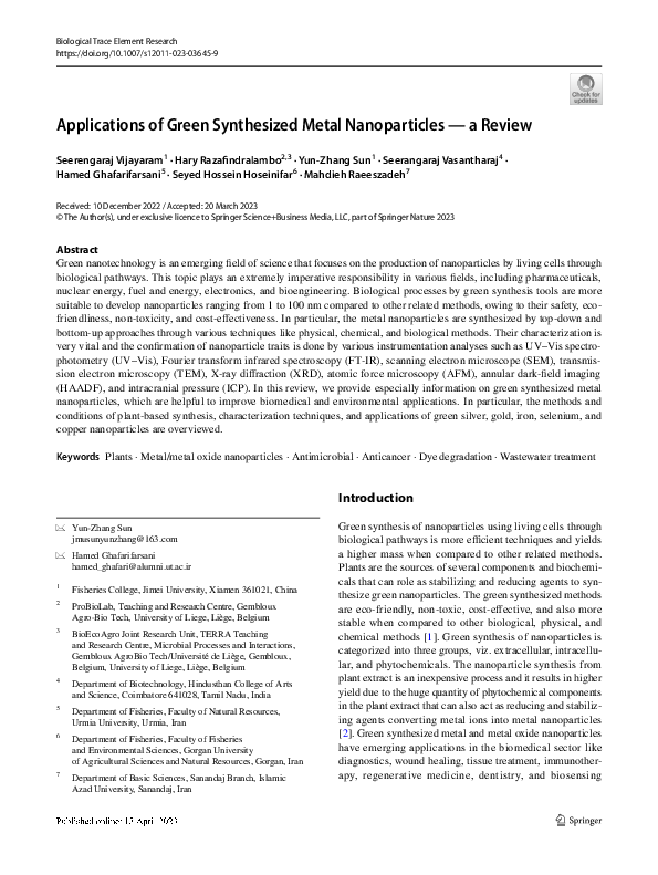 (PDF) Applications of Green Synthesized Metal Nanoparticles — a Review