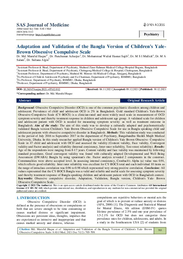 (PDF) Adaptation and Validation of the Bangla Version of Children's ...