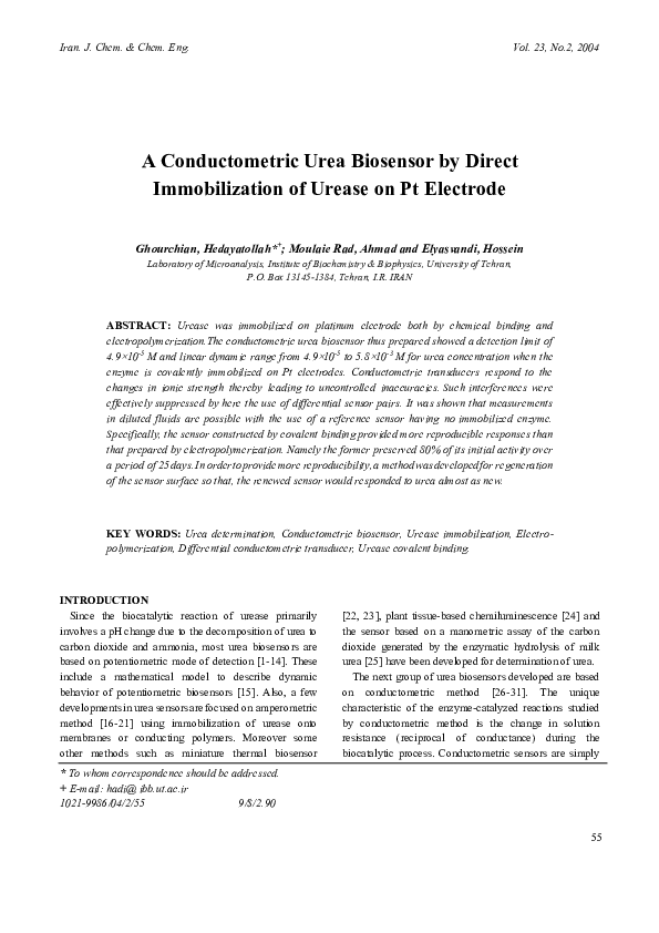 (PDF) A Conductometric Urea Biosensor by Direct Immobilization of ...