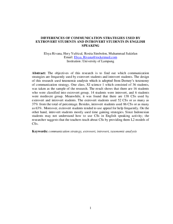 (PDF) Differences Of Communication Strategies Used By Extrovert Students And Introvert Students ...