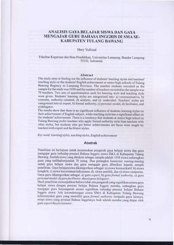 (PDF) Analisis Gaya Belajar Siswa Dan Gaya Mengajar Guru Bahasa Inggris Di SMA Se Kabupaten ...