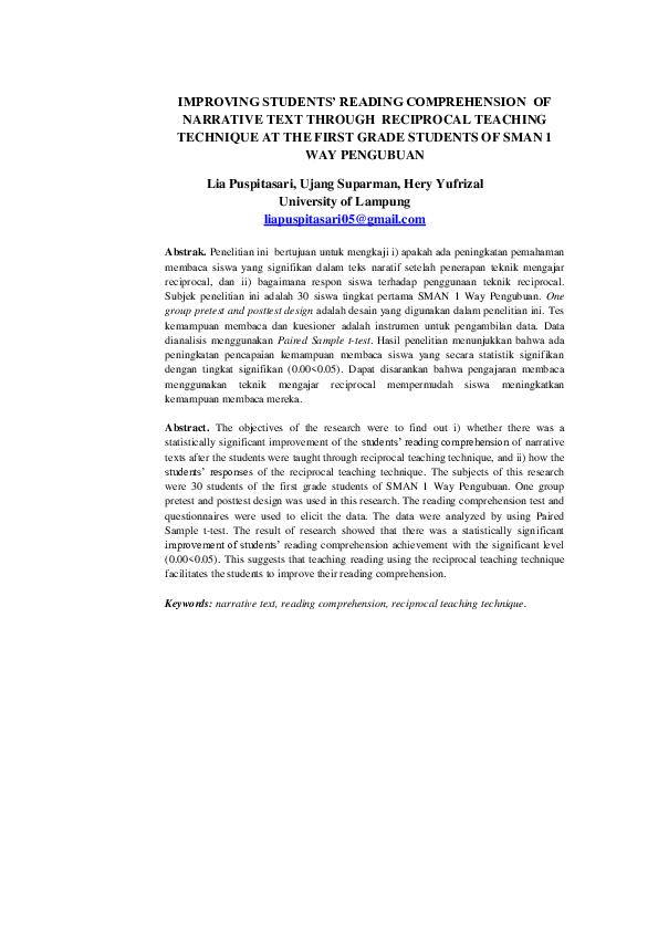 (PDF) Improving Students’ Reading Comprehension of Narrative Text ...