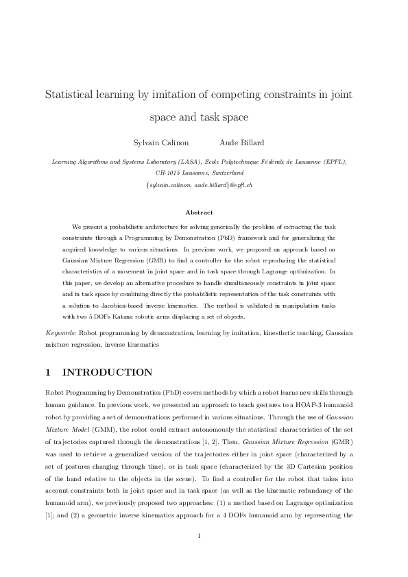 (PDF) Statistical Learning by Imitation of Competing Constraints in Joint Space and Task Space