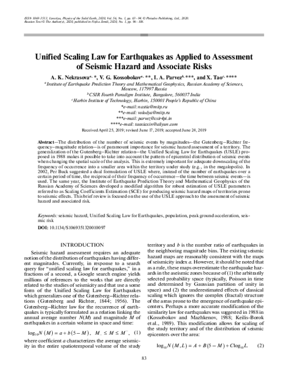 (PDF) Unified Scaling Law for Earthquakes as Applied to Assessment of Seismic Hazard and ...