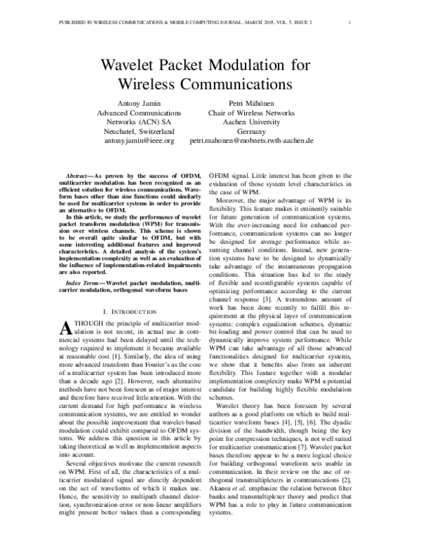(PDF) Wavelet packet modulation for wireless communications