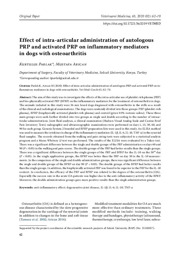 (PDF) Effect of intra-articular administration of autologous PRP and ...