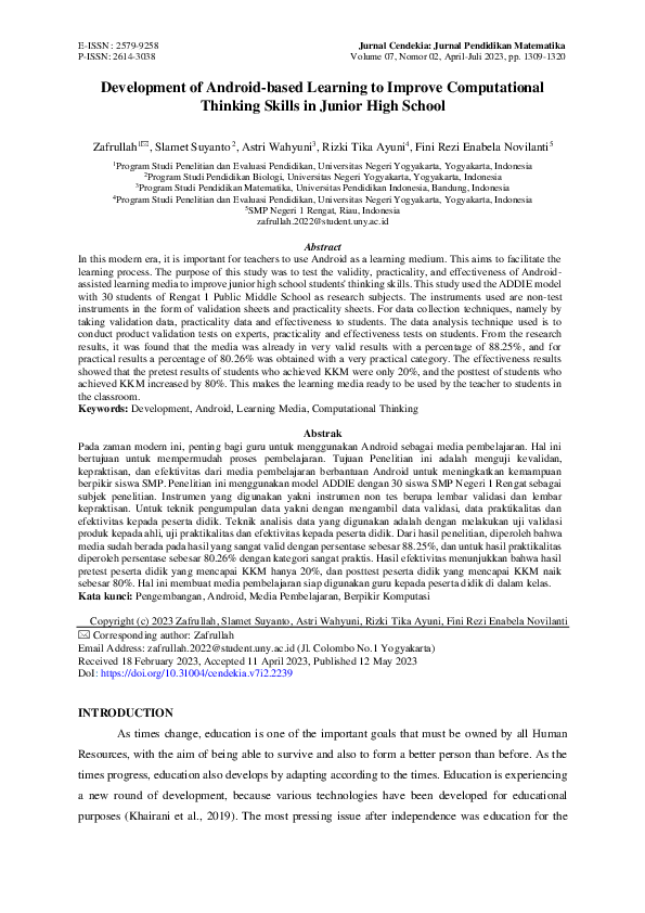 (PDF) Development of Android-based Learning to Improve Computational Thinking Skills in Junior ...