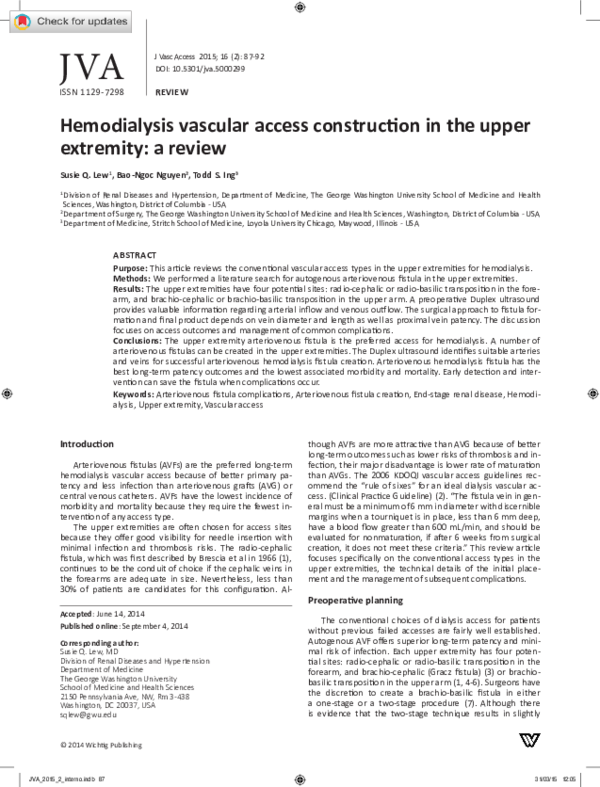 (PDF) Hemodialysis Vascular access Construction in the Upper Extremity ...