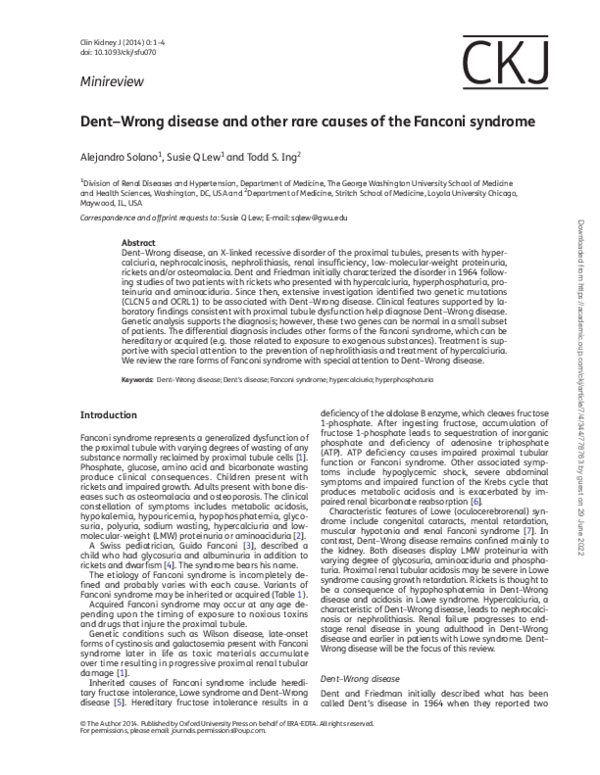 (PDF) Dent-Wrong disease and other rare causes of the Fanconi syndrome