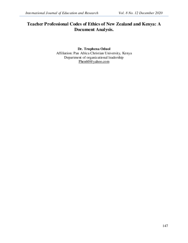 (PDF) Teacher Professional Codes of Ethics of New Zealand and Kenya: A ...