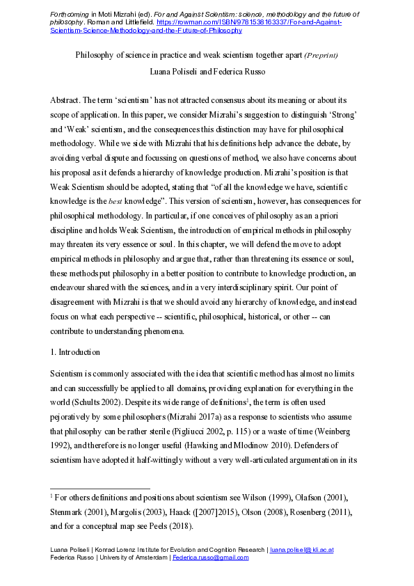 (PDF) Philosophy of science in practice and weak scientism together apart