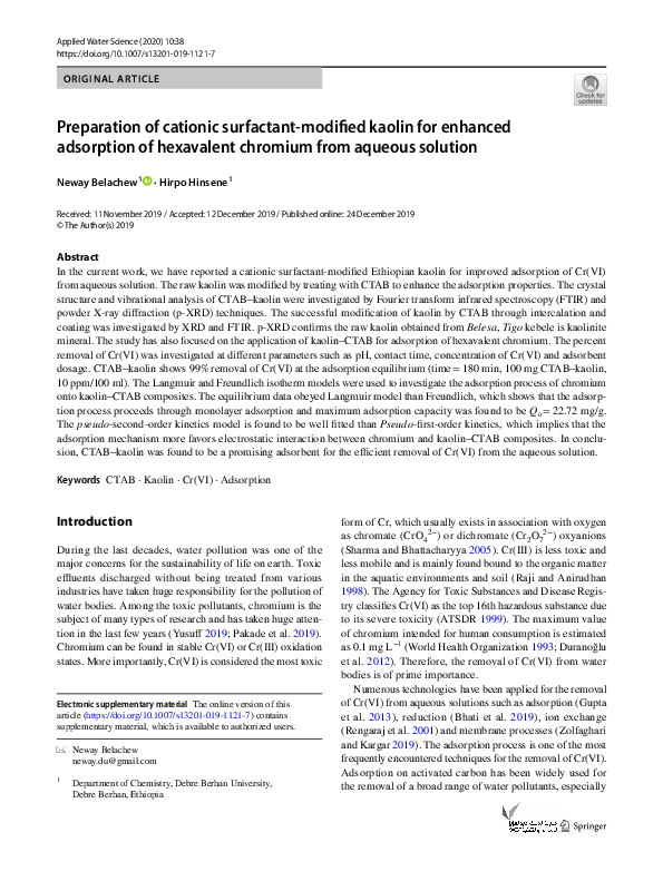 Pdf Preparation Of Cationic Surfactant Modified Kaolin For Enhanced Adsorption Of Hexavalent