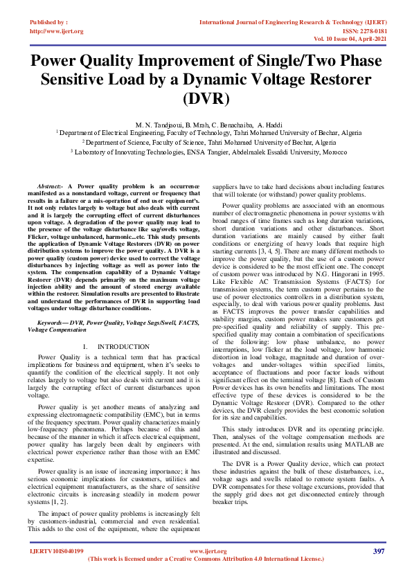 (PDF) Power Quality Improvement of Single/Two Phase Sensitive Load by a Dynamic Voltage Restorer ...