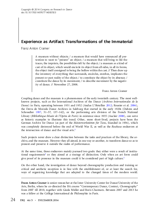 (PDF) Experience as Artifact: Transformations of the Immaterial