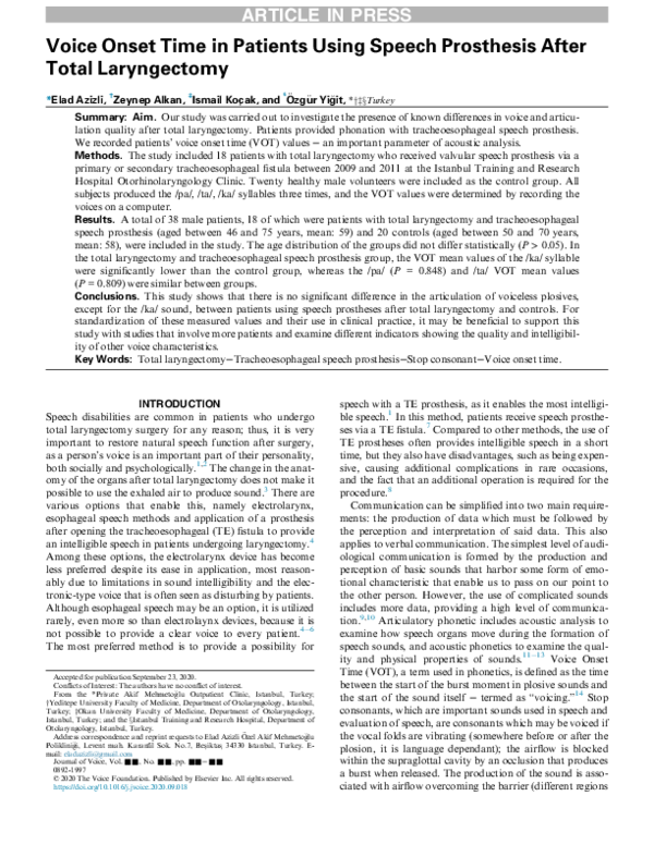 (PDF) Voice Onset Time in Patients Using Speech Prosthesis After Total ...