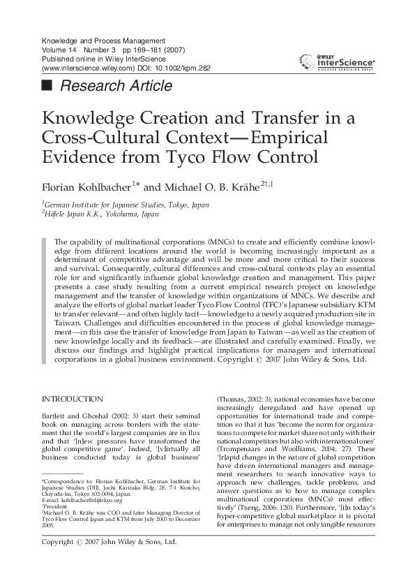 (PDF) Knowledge creation and transfer in a cross-cultural context—empirical evidence from Tyco ...