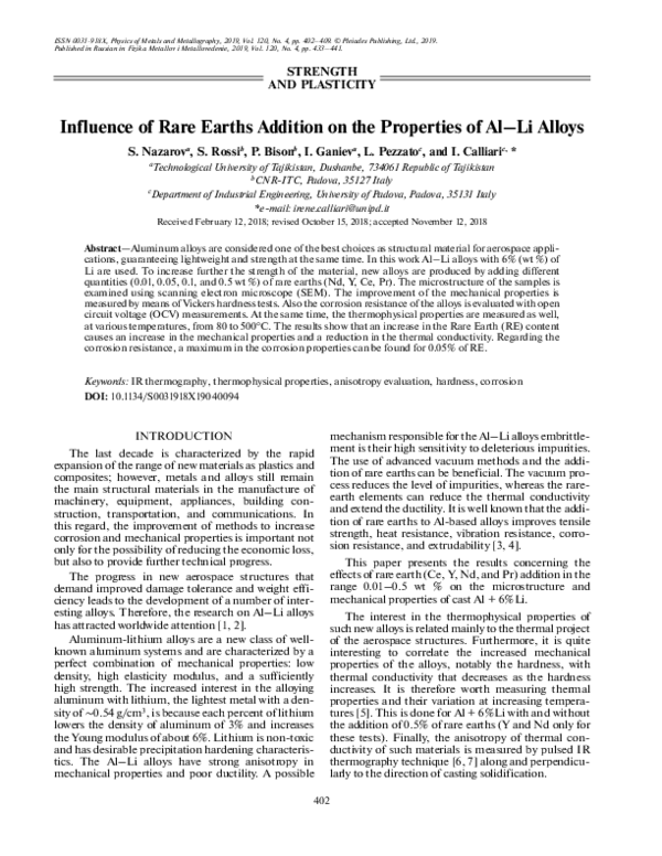 (PDF) Influence of Rare Earths Addition on the Properties of Al–Li Alloys
