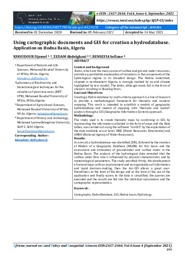 (PDF) Using cartographic documents and GIS for creation a hydrodatabase. Application on Hodna ...
