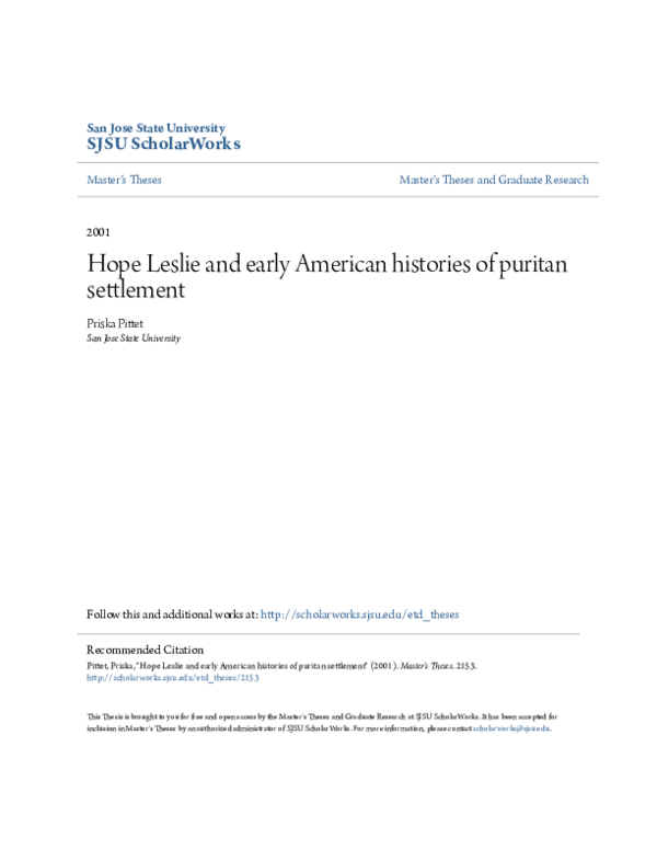 (PDF) Hope Leslie and early American histories of puritan settlement