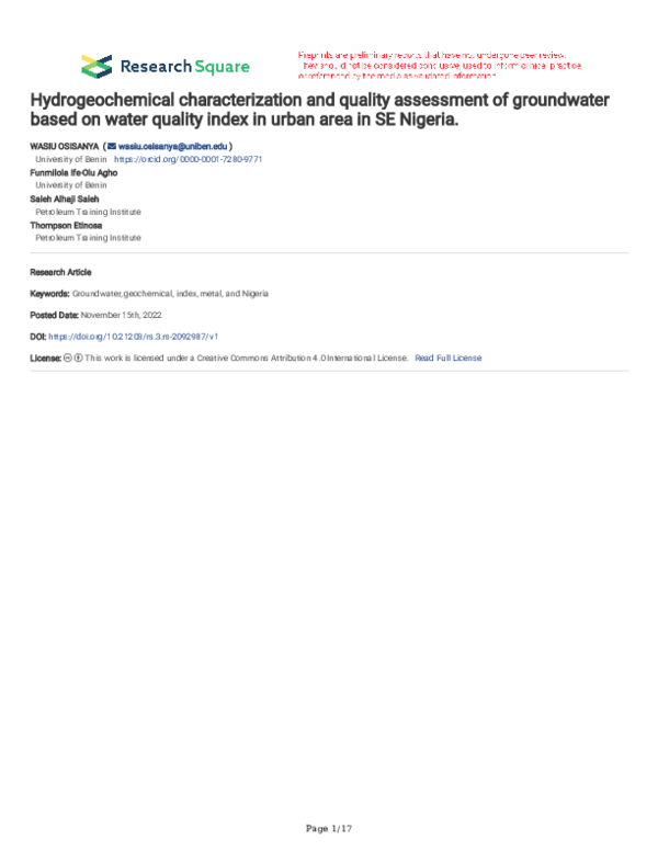 (PDF) Hydrogeochemical characterization and quality assessment of groundwater based on water ...