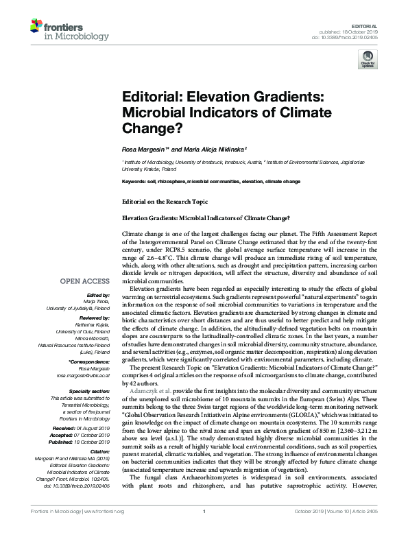 (PDF) Editorial: Elevation Gradients: Microbial Indicators of Climate Change?