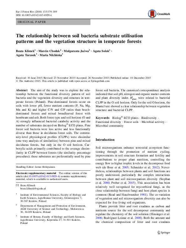 (PDF) The relationship between soil bacteria substrate utilisation patterns and the vegetation ...