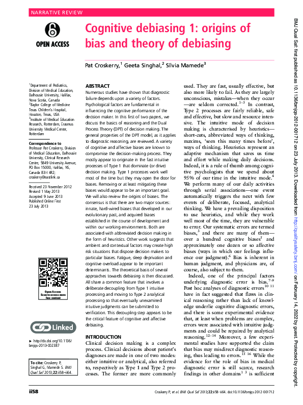 (PDF) Cognitive debiasing 1: origins of bias and theory of debiasing