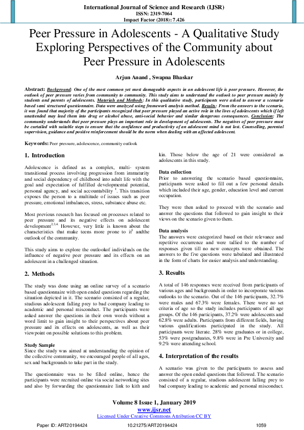 (PDF) Peer Pressure in Adolescents-A Qualitative Study Exploring ...