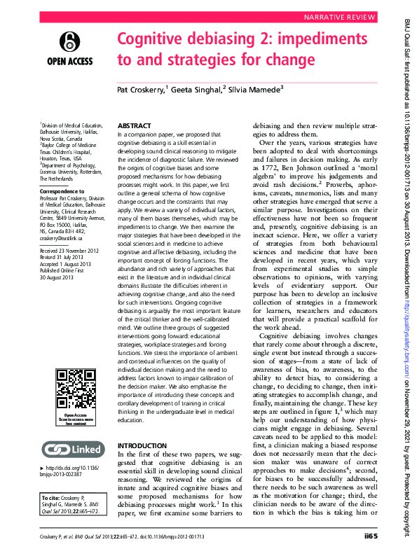 (PDF) Cognitive debiasing 2: impediments to and strategies for change