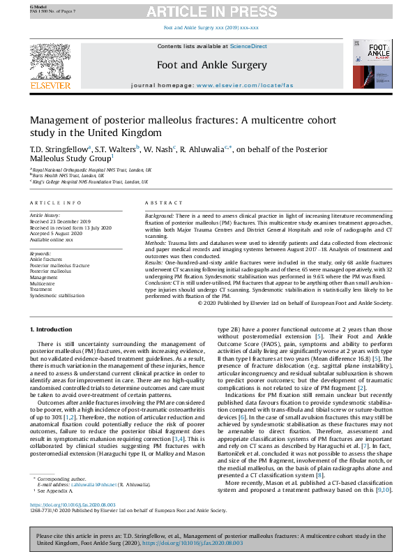 (PDF) Management of posterior malleolus fractures: A multicentre cohort ...