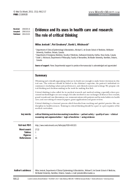 (PDF) Evidence and its uses in health care and research: The role of ...