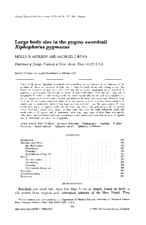 (PDF) Large body size in the pygmy swordtail Xiphophorus pygmaeus
