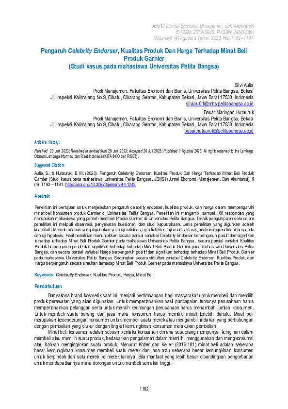Pengaruh Celebrity Endorser, Kualitas Produk Dan Harga Terhadap Minat Beli Produk Garnier (Studi ...