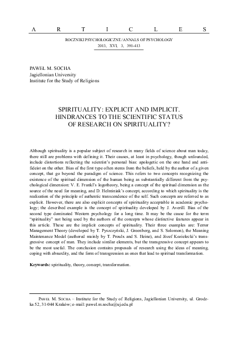 (PDF) Spirituality: Explicit and implicit. Hindrances to the scientific ...