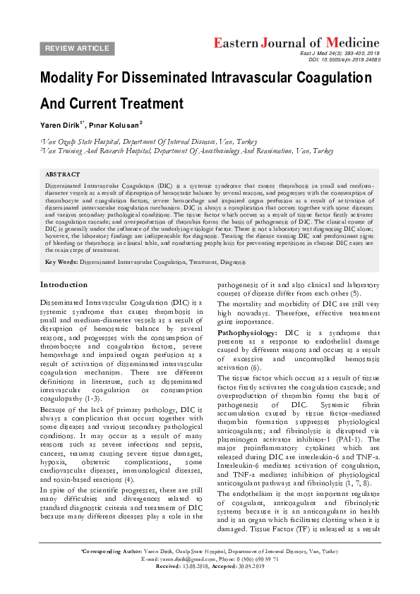 (PDF) Modality for Disseminated Intravascular Coagulation and Current Treatment