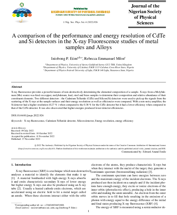 Pdf Comparison Of The Performance And Energy Resolution Of Cdte And Si Detectors In The X Ray