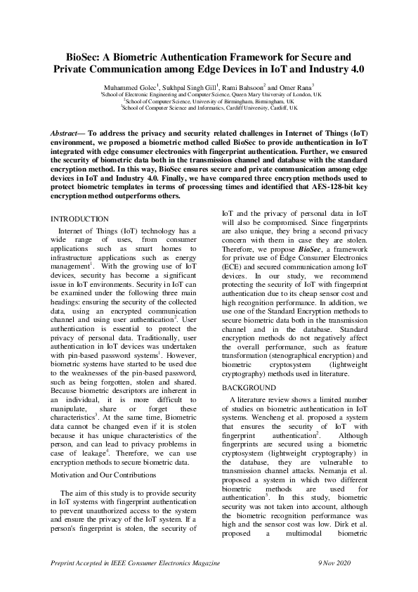 Pdf Biosec A Biometric Authentication Framework For Secure And