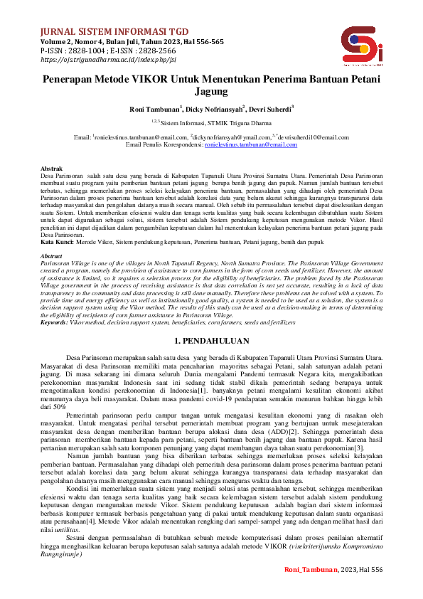 (PDF) Penerapan Metode VIKOR Untuk Menentukan Penerima Bantuan Petani Jagung