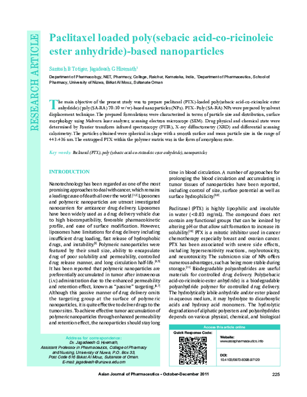 (PDF) Paclitaxel loaded poly(sebacic acid-co-ricinoleic ester anhydride)-based nanoparticles