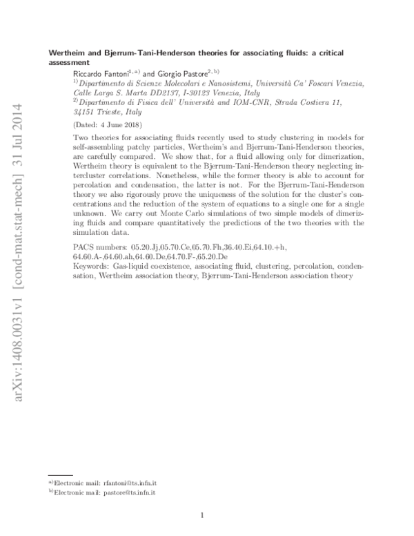 (PDF) Wertheim and Bjerrum-Tani-Henderson theories for associating fluids: A critical assessment