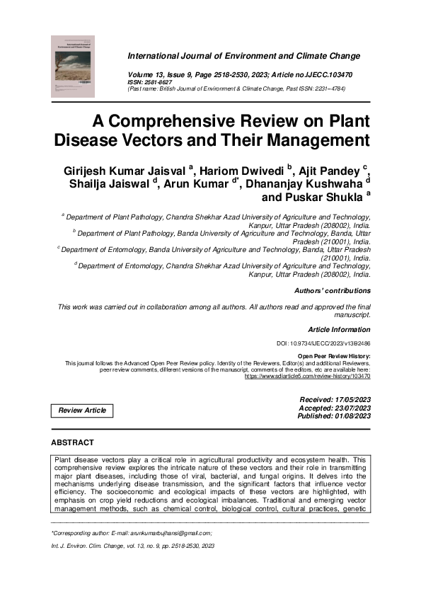 (PDF) A Comprehensive Review on Plant Disease Vectors and Their Management