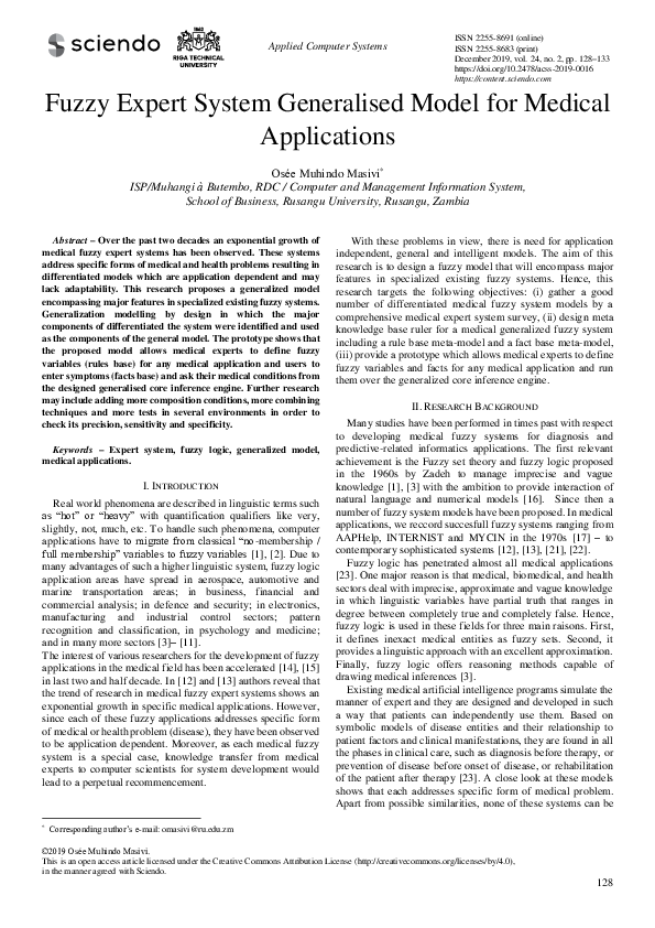 (PDF) Fuzzy Expert System Generalised Model for Medical Applications