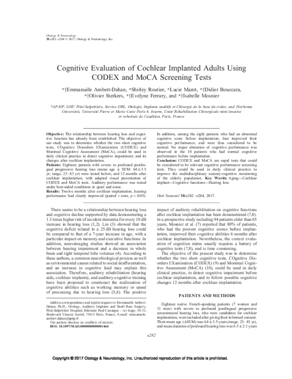 (PDF) Cognitive Evaluation of Cochlear Implanted Adults Using CODEX and ...