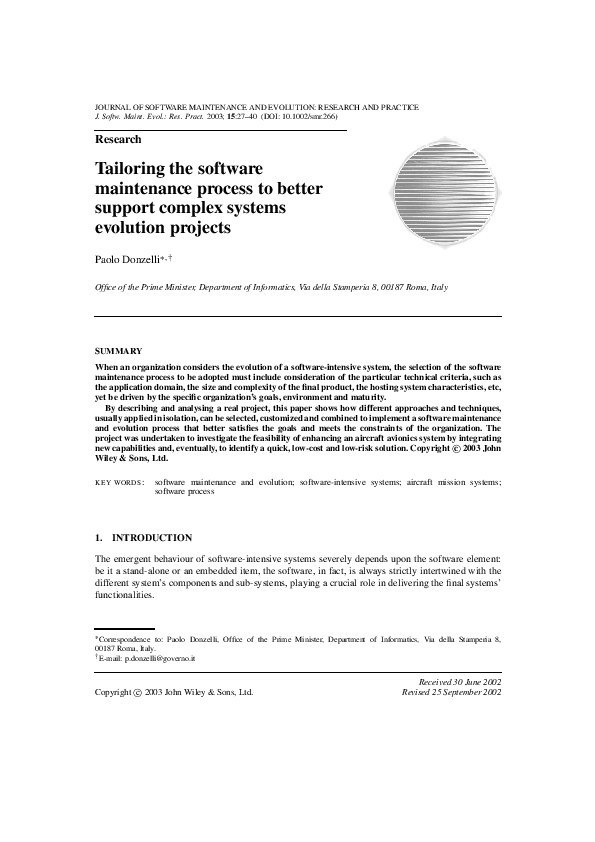 (PDF) Tailoring the software maintenance process to better support complex systems evolution ...
