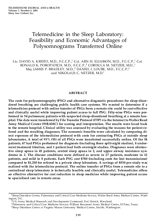 (PDF) Telemedicine in the Sleep Laboratory: Feasibility and Economic Advantages of ...
